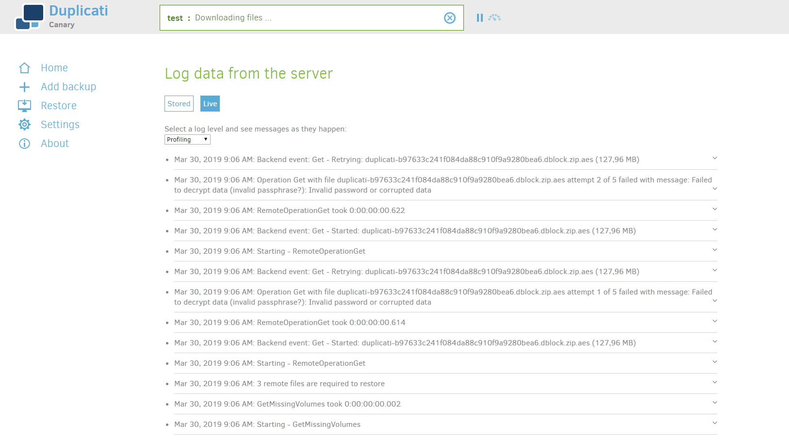 Duplicati 2.0.4.15-16 won't restore encrypted backup · Issue #3700 · duplicati/duplicati · GitHub