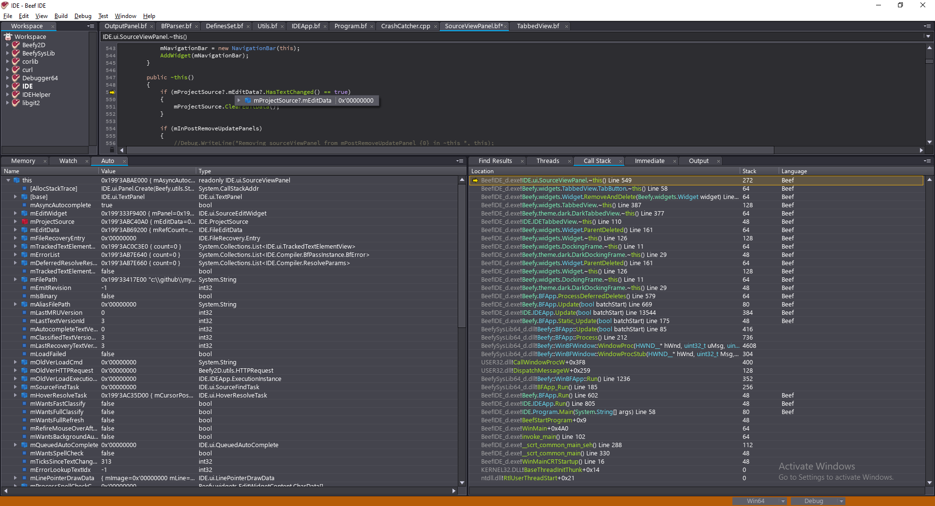 [BUG] SourceViewPanel - Attempt to access deleted object · Issue #1287 · beefytech/Beef · GitHub