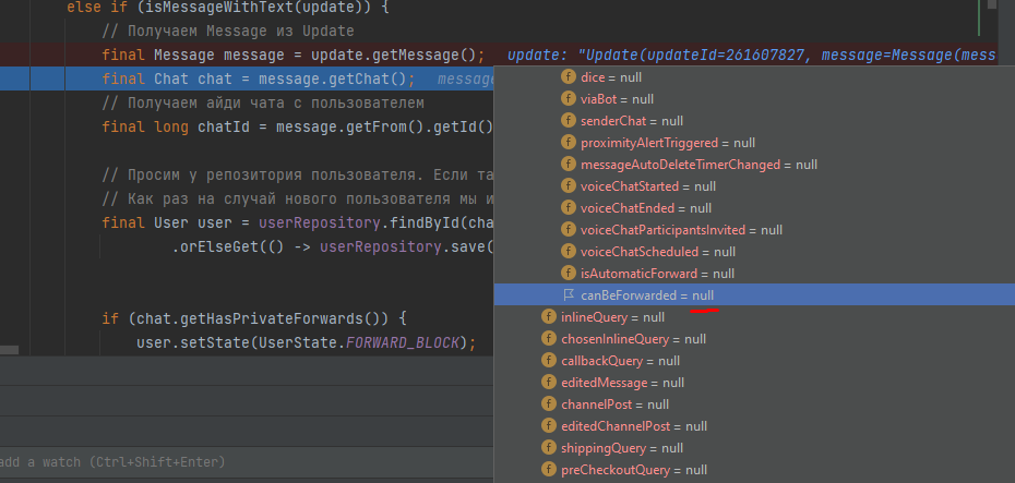 Message entity has null canBeForwarded parameter · Issue #1036 · rubenlagus/TelegramBots · GitHub