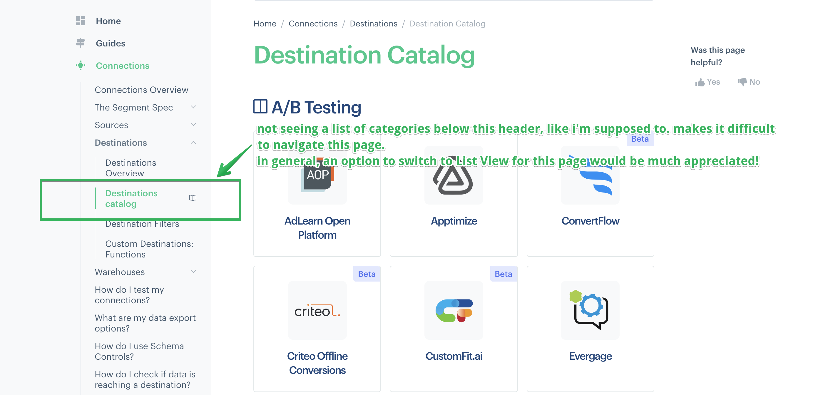 Destination Category list / navigation is not showing up in left nav · Issue #408 · segmentio ...