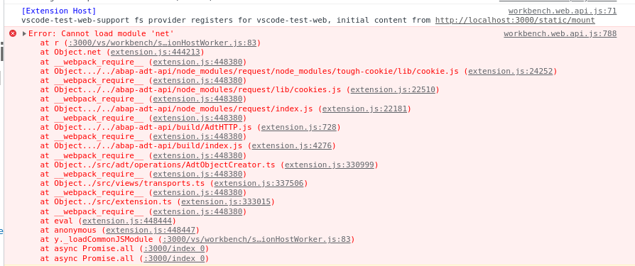 Enabling extension for web, can't load node module "net" · Issue #135688 · microsoft/vscode · GitHub