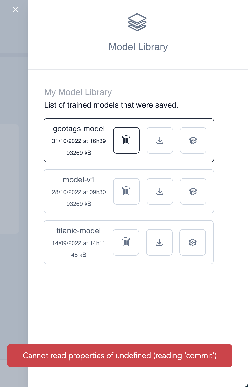 Model library panel: delete saved model does not work · Issue #518 · epfml/disco · GitHub