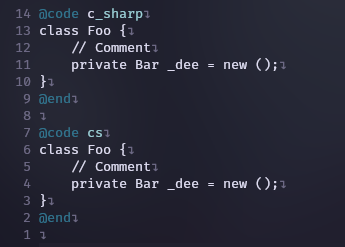 @code block highlighting not working with parsers that have an underscore in the name (like c ...