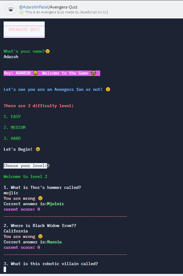 GitHub - Adarsh-Patel-Dev/Avengers-Quiz-CLI-app: Quiz app made on CLI using javascript