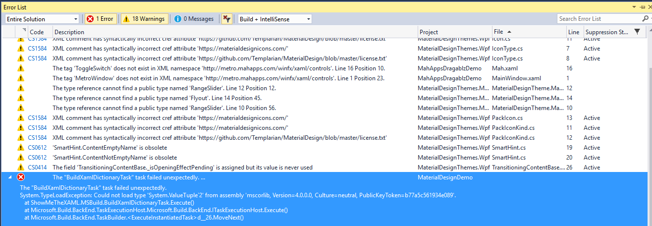 The "BuildXamlDictionaryTask" task failed unexpectedly. · Issue #929 · MaterialDesignInXAML ...