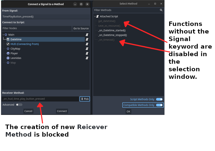 Add Signal keyword in front of functions designed to be connected by signal with GDScript ...