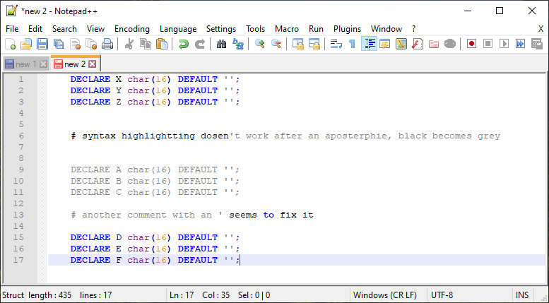 apostrophe in comment starting with a # causes all future text to be grey until another ...