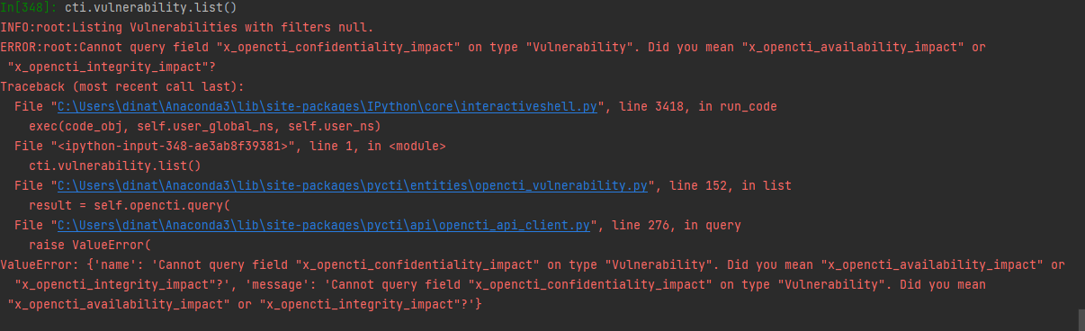 Cannot Query Vulnerabilties · Issue #204 · OpenCTI-Platform/client-python · GitHub