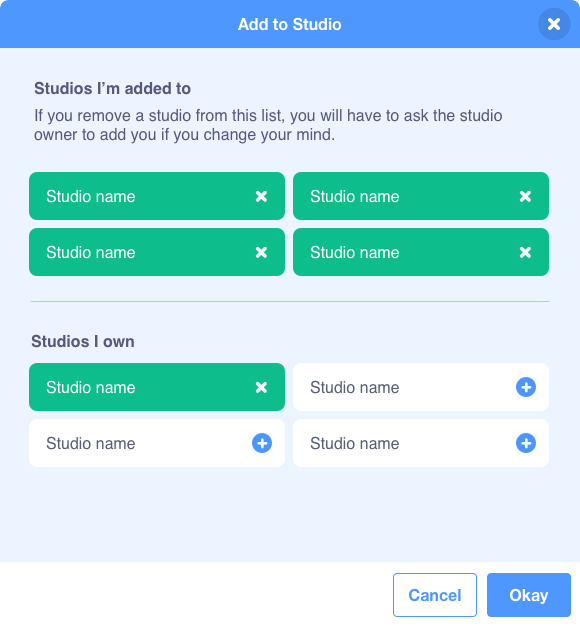 Redesigns for "Add to Studio" modal · Issue #2722 · scratchfoundation/scratch-www · GitHub