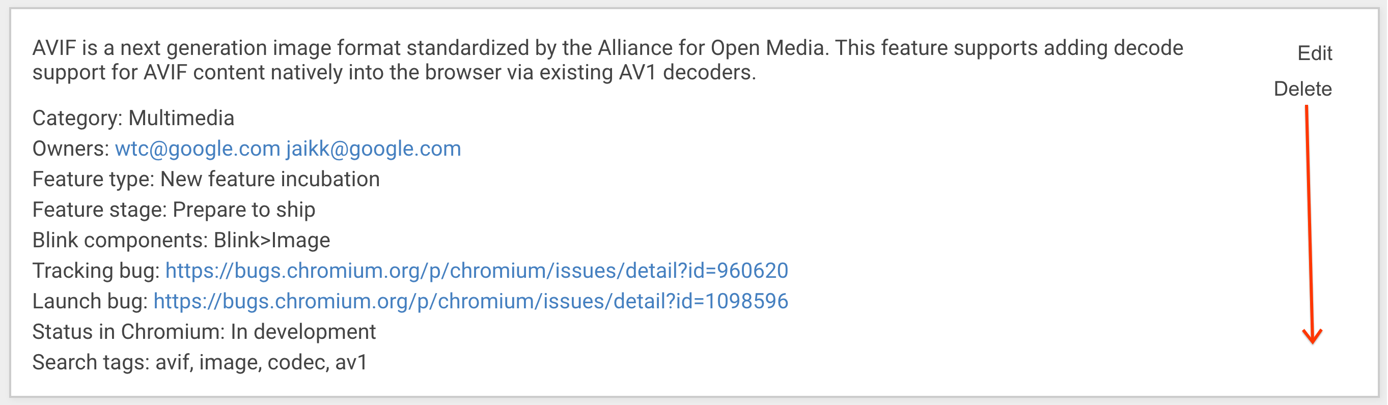 Consider moving the "Delete" link. · Issue #871 · GoogleChrome/chromium-dashboard · GitHub