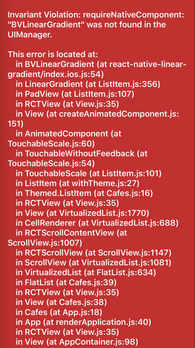 iOS issue: requireNativeComponent: "BVLinearGradient" was not found in the UIManager. · Issue ...