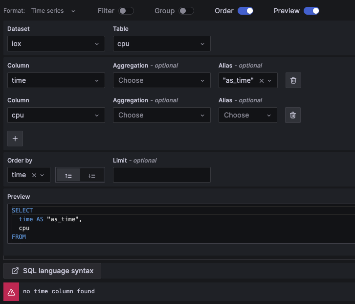 Influxdb Sql Using An Alias For Time Field Will Cause Error For Time Series Response · Issue