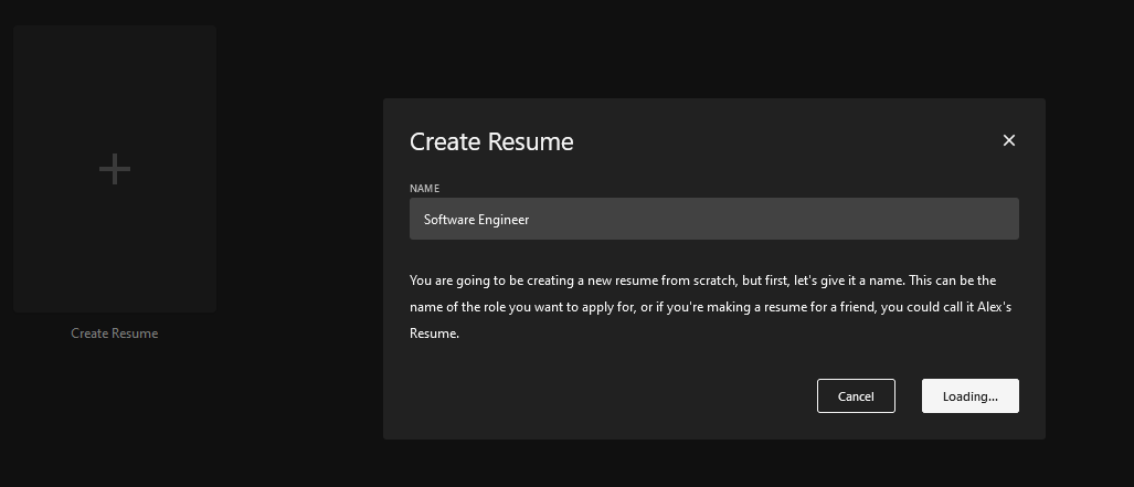 The application is stuck after giving a name and clicking on "create ...