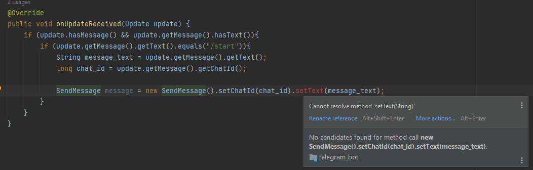 SendMessage.java issue · Issue #1121 · rubenlagus/TelegramBots · GitHub