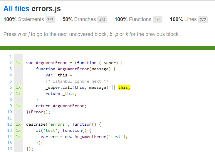 bug: nyc with mocha not ignoring line using /* istanbul ignore next ...