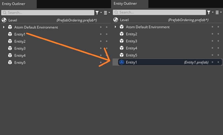 Prefabs: Creating a prefab moves the newly created prefab to the end of the Entity Outliner list ...