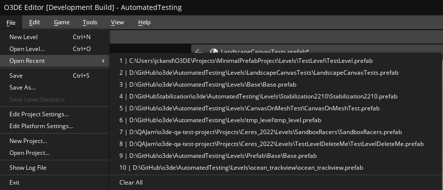 Action Manager: Open Recent menu option displays levels outside of the current engine/project ...