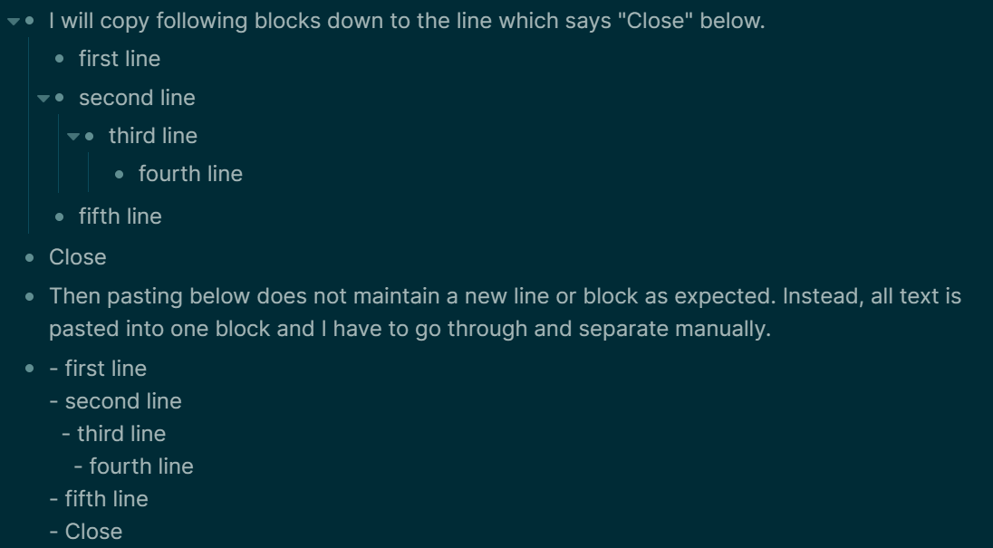 When copying multiple blocks at once, when pasted, this results in a block with multiple lines ...