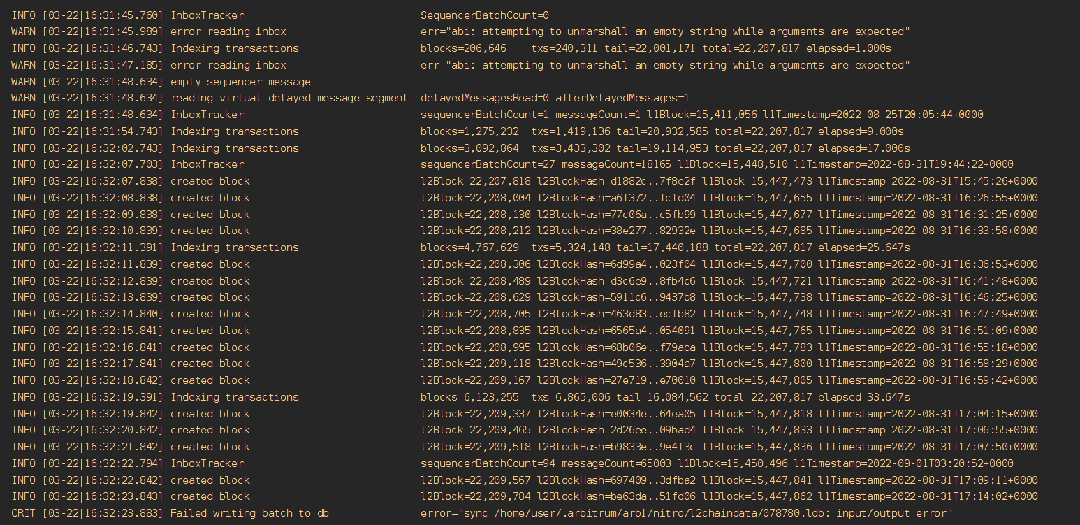 docker start node Failed to write data to db · Issue #1532 · OffchainLabs/nitro · GitHub