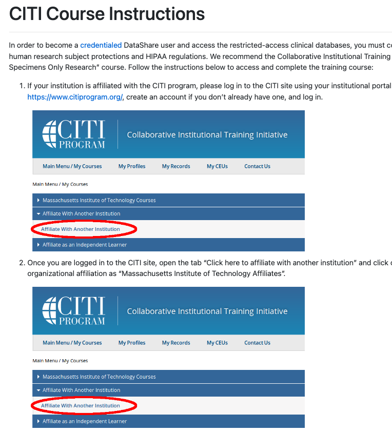 New layout for CITI Course Instructions Page · Issue #1962 · MIT-LCP/physionet-build · GitHub