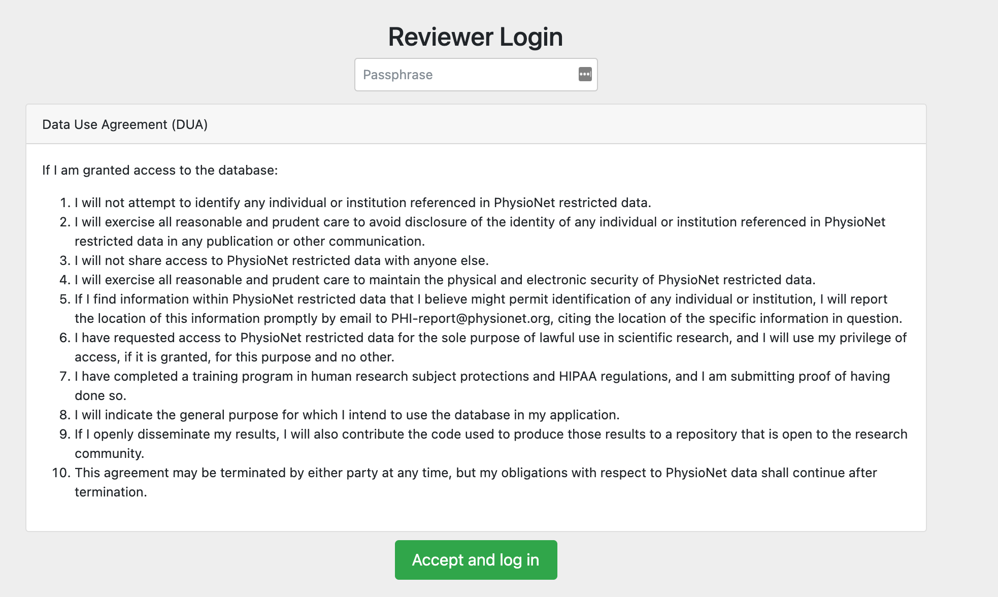 Anonymous reviewer login page should display reviewer-specific DUA ...