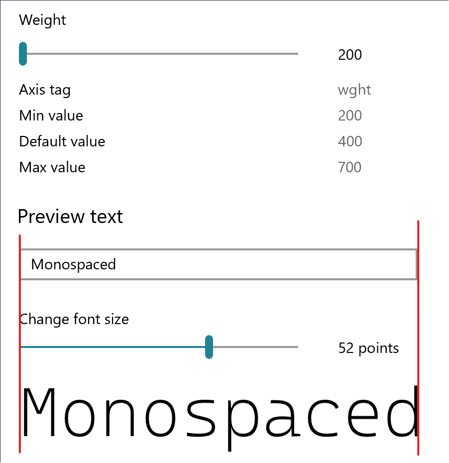 Microsoft Cascadia Mono SemiLight renders wider in bold than in regular ...