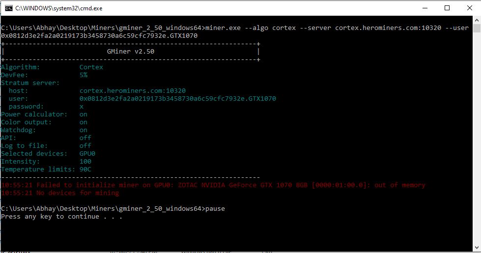 Cortex Not Working With GTX1070 "Out of memory" and "No devices for mining" error · Issue #200 ...