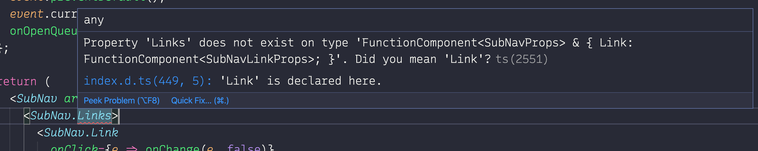 SubNav.Links not available in TypeScript · Issue #872 · primer/react · GitHub