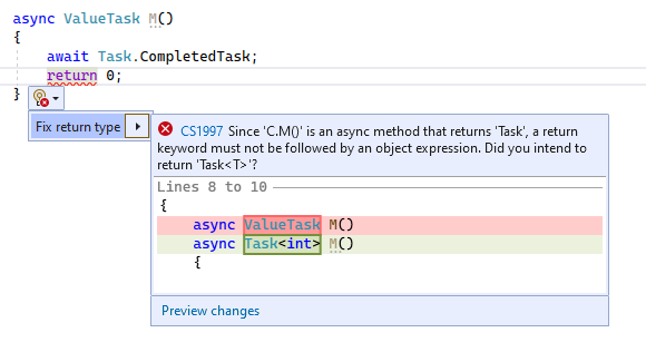 Codefix for CS1997 uses `Task ` even if the original return type was not `Task` · Issue #64901 ...