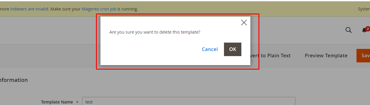 "Delete Template" and "Convert to Plain Text" confirm message (at Edit email template) should ...