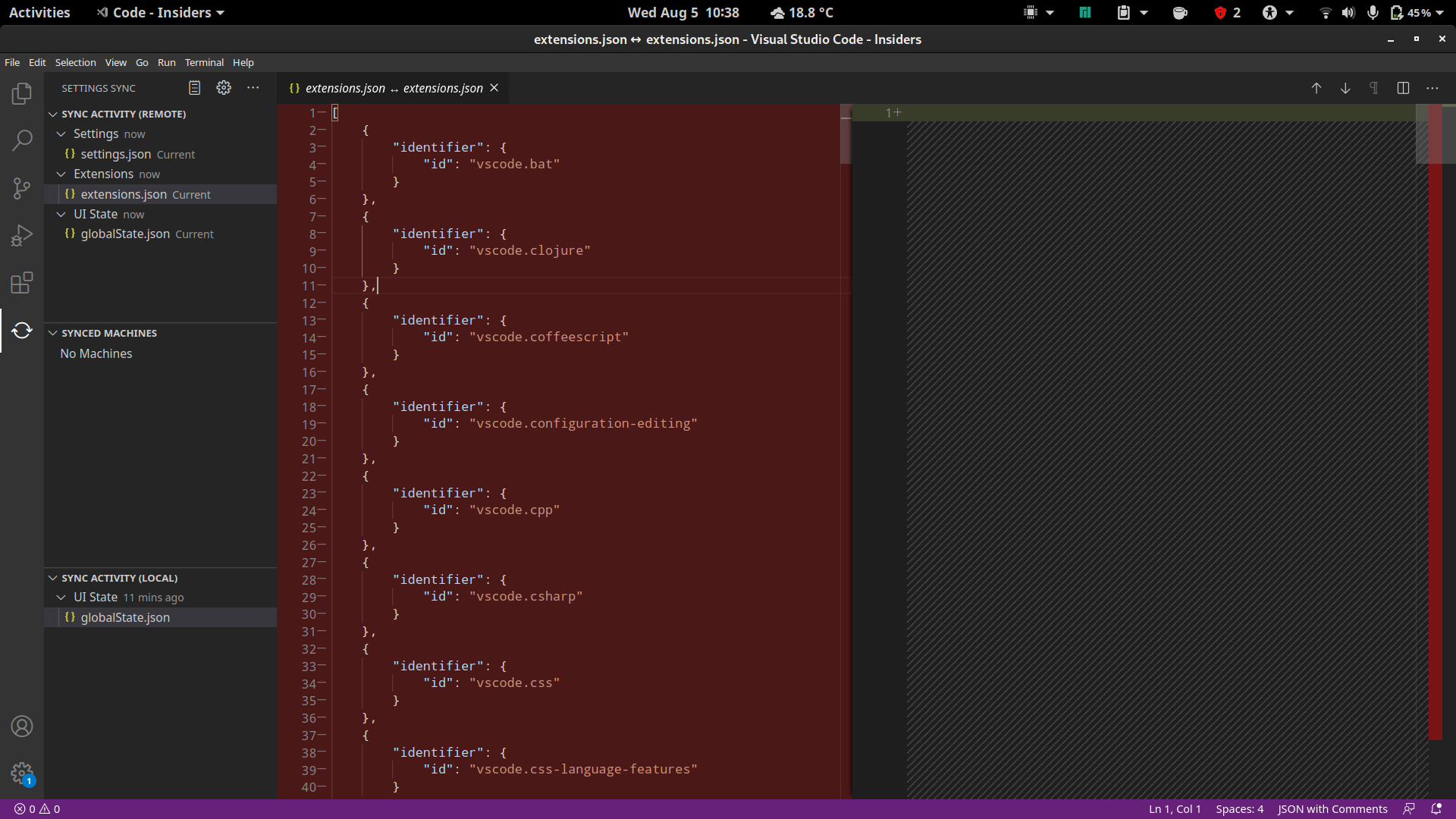 Wrong diffs for globalState.json and extensions.json · Issue #103995 · microsoft/vscode · GitHub
