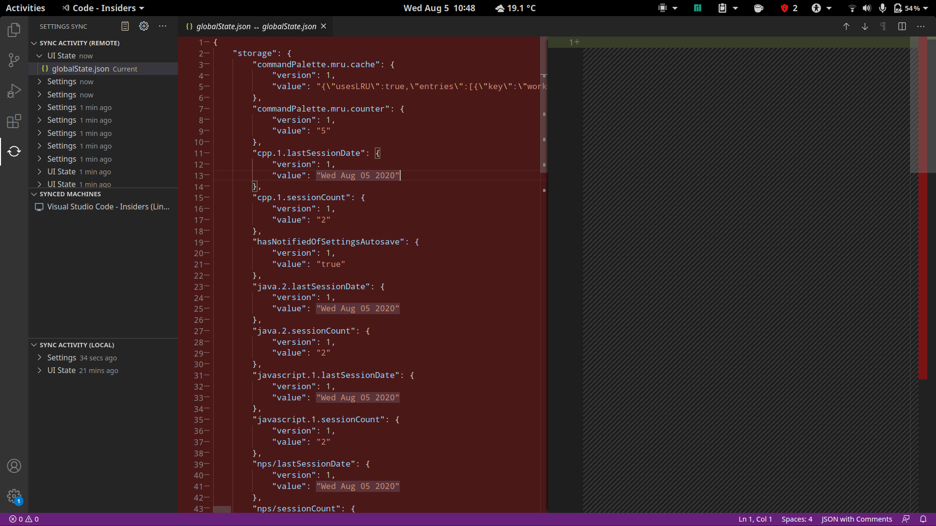 Wrong diffs for globalState.json and extensions.json · Issue #103995 · microsoft/vscode · GitHub
