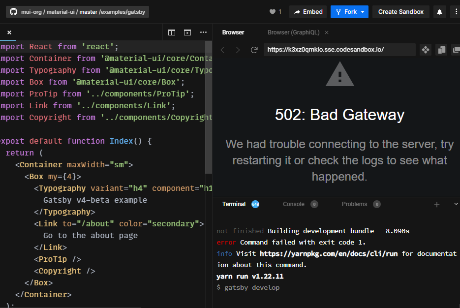 Official example - Gatsby - Does not run · Issue #28261 · mui/material-ui · GitHub