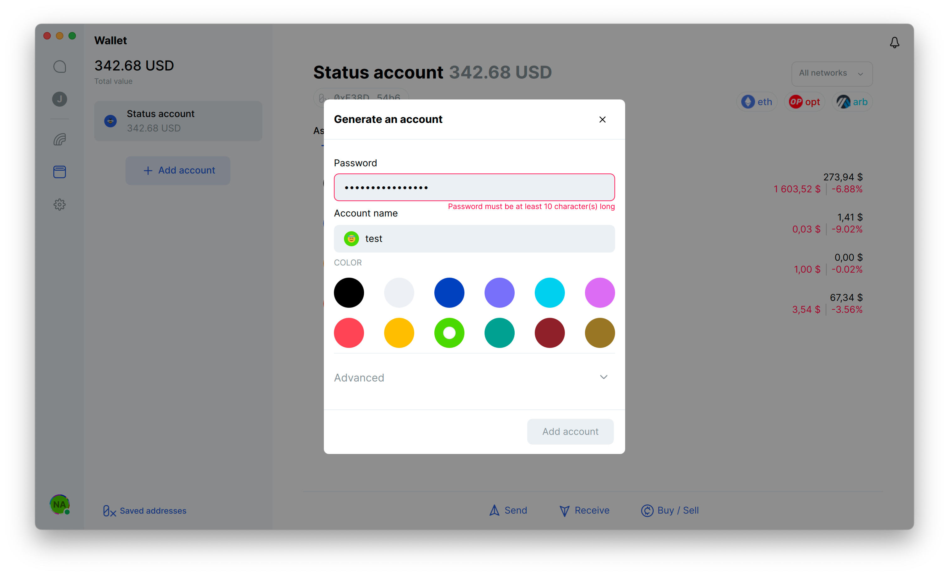Wallet -> Add new account: Wrong validation message shown when entering password that exceeds ...
