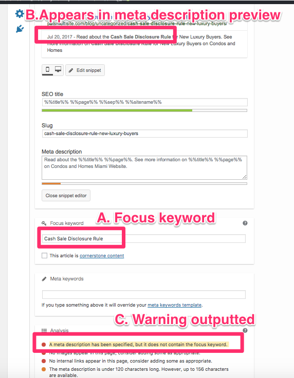 When focus keywords are part of a meta description template showing date in snippet preview ...