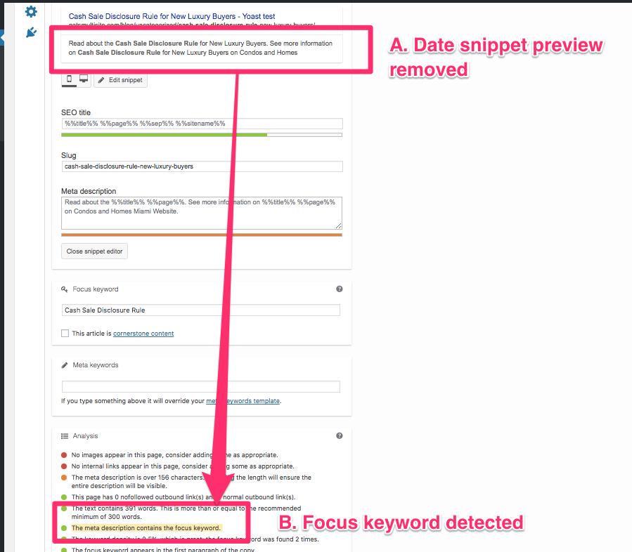 When focus keywords are part of a meta description template showing date in snippet preview ...