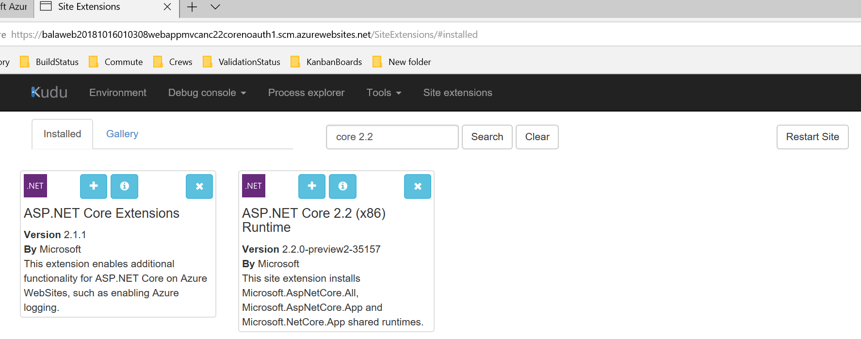 Restart site using Site Extensions tab in Kudu, it takes 5-10 minutes ...