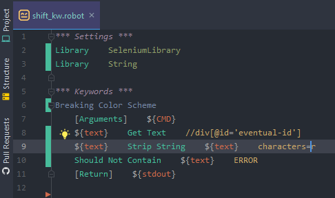 Color Scheme breaks when adding backslash in named argument · Issue #649 · robocorp ...