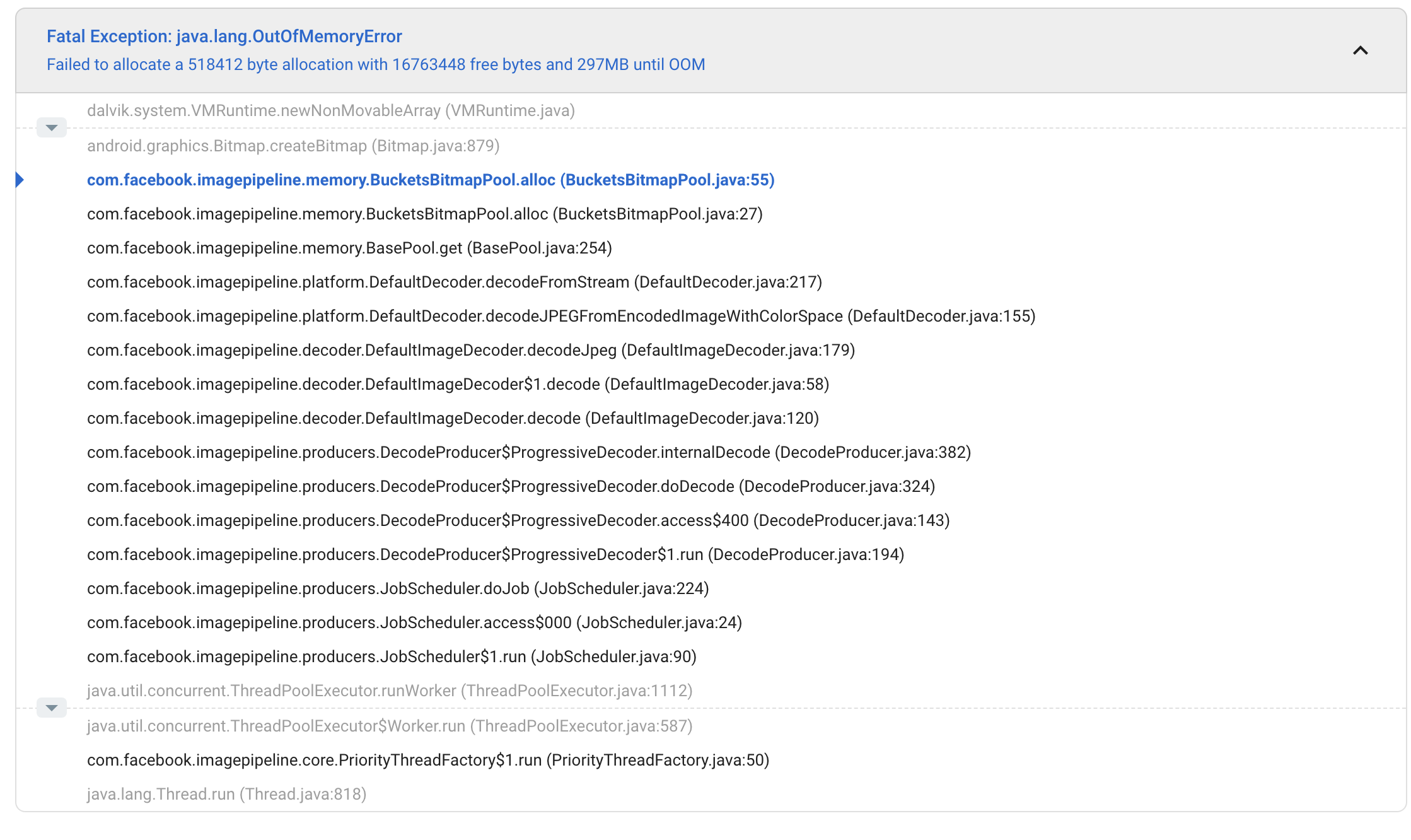 OOM exceptions - BucketsBitmapPool.java line 54 & ForwardingDrawable ...