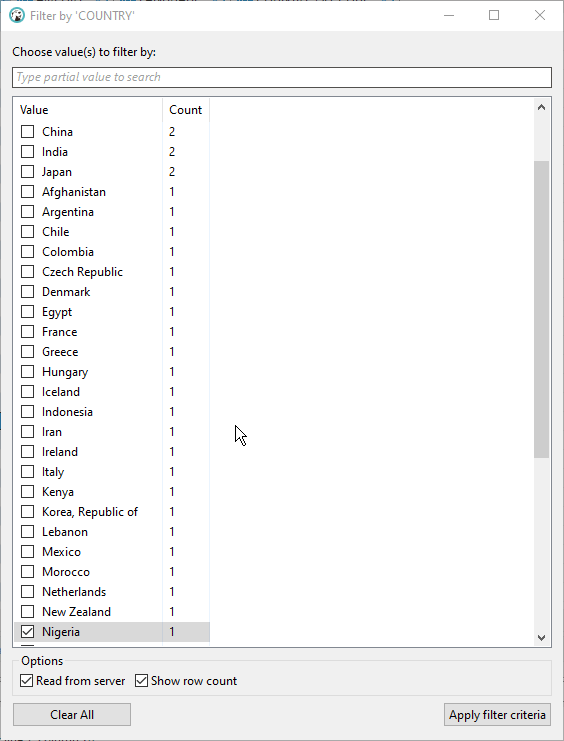 [Derby] Incorrect query sent when searching in column value filter ...