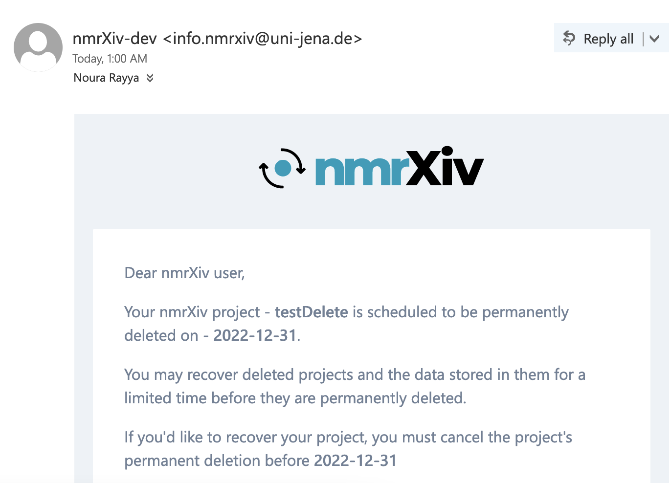 Notify the project owners about the delete action via email · Issue #423 · NFDI4Chem/nmrxiv · GitHub