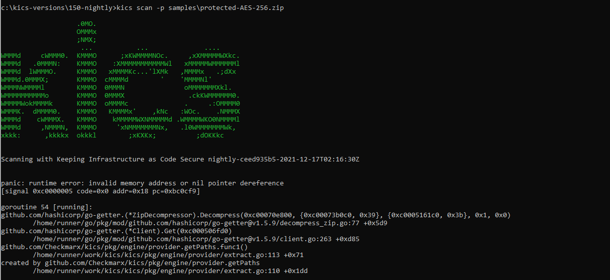 Kics Panic when trying to scan protected zip file · Issue #4604 · Checkmarx/kics · GitHub