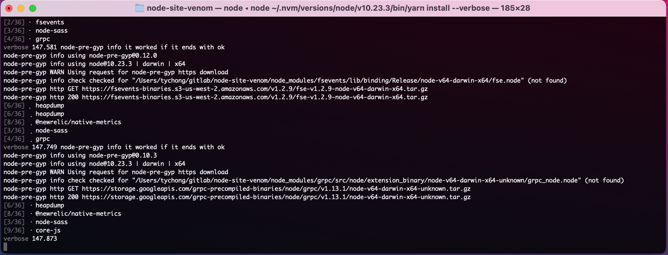 yarn stuck at building fresh packages (appium-chromedriver, weak, gc-stats, and/or node-sass) on ...