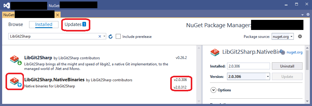 NuGet Package Manager prompts to update LibGit2Sharp.NativeBinaries package, but it will not let ...