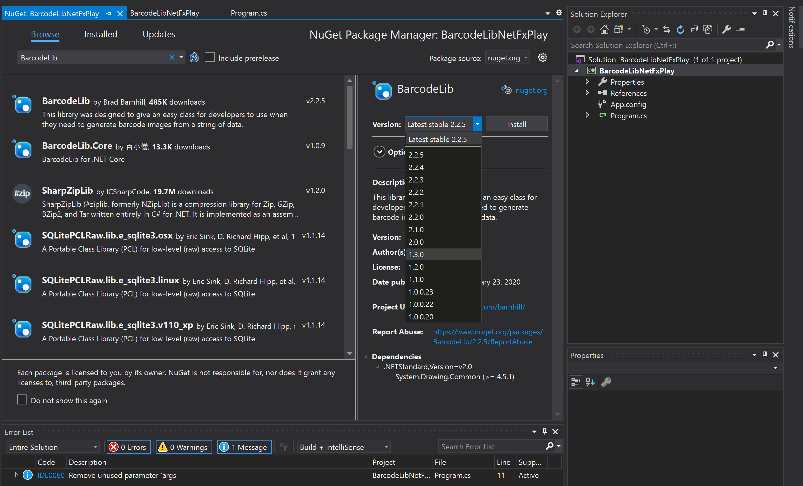 Could not install package 'BarcodeLib 2.2.5'. You are trying to install this package into a ...