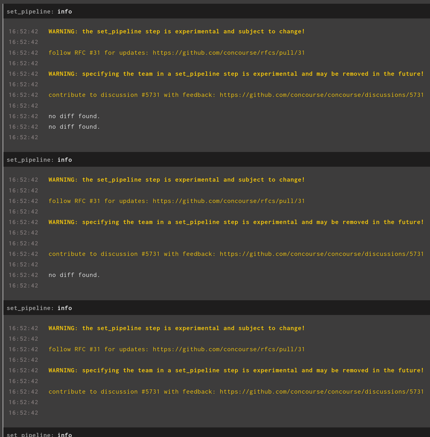 in_parallel set_pipeline 'no diff found' log output display behaviour · Issue #6828 · concourse ...