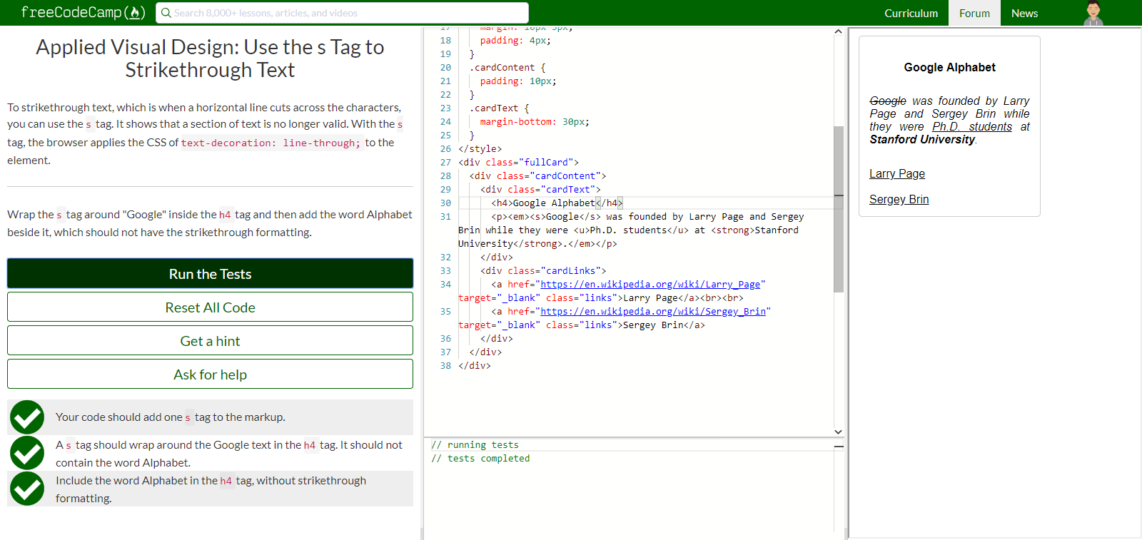 Test Case bug in Challenge: Applied Visual Design: Use the s Tag to ...