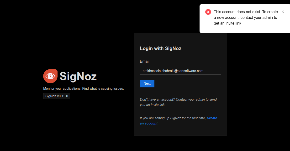 user exist but "This account does not exist. To create a new account, contact your admin to get ...