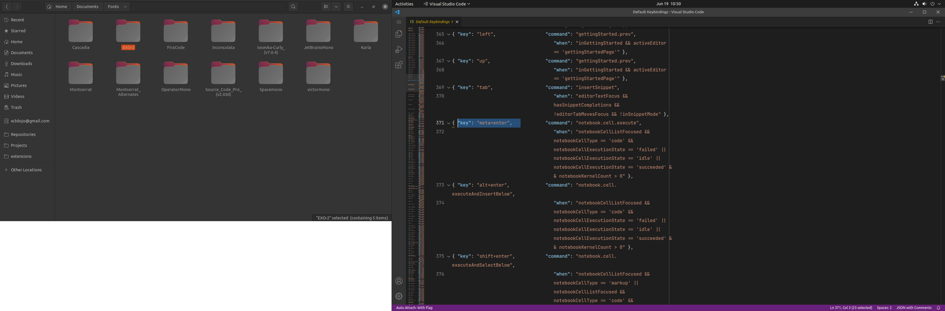 Keybinding `(Meta + Enter)` in Default Read-only keybindings.json file shows **warning ...