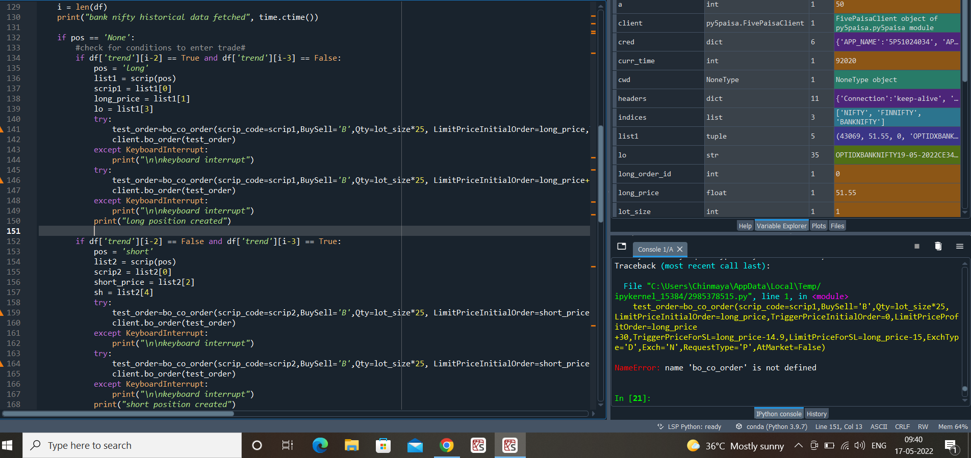 Unable to execute bracket order. Getting error message 'NameError: name ...